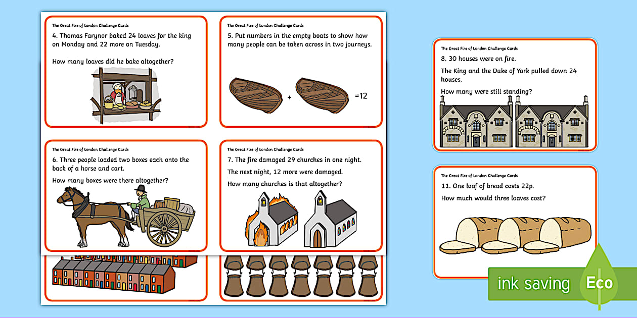 KS1 The Great Fire of London Maths Challenge Cards - Twinkl
