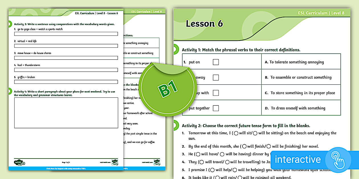 ESL Curriculum Level 8, Lesson 6 Interactive Worksheet