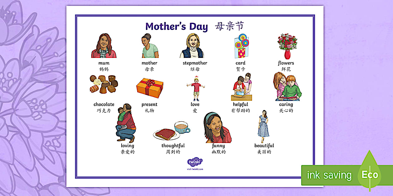 Mother's Day Illustrated Word Mat English/Mandarin Chinese