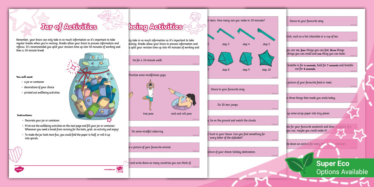 11+ Wellbeing Breaks: Jar of Activities (teacher made)