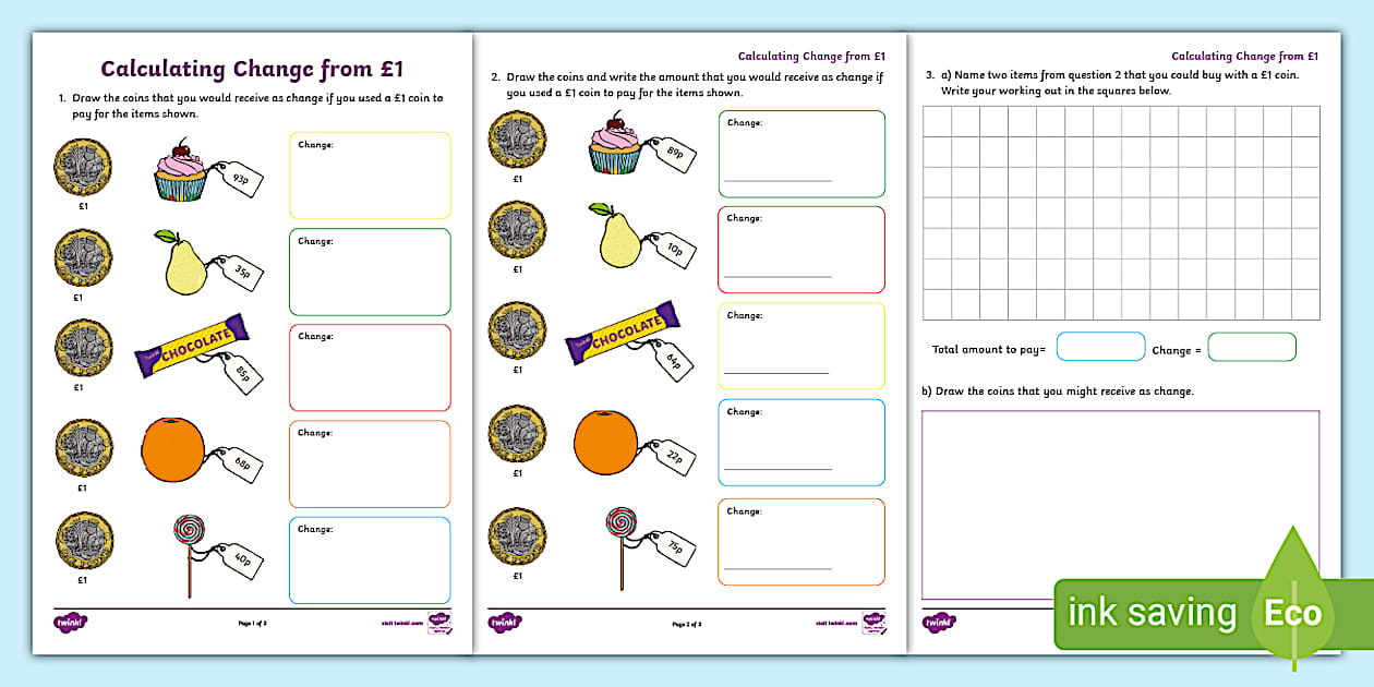 👉 Calculate Your Change from £1 Activity Sheet - Twinkl