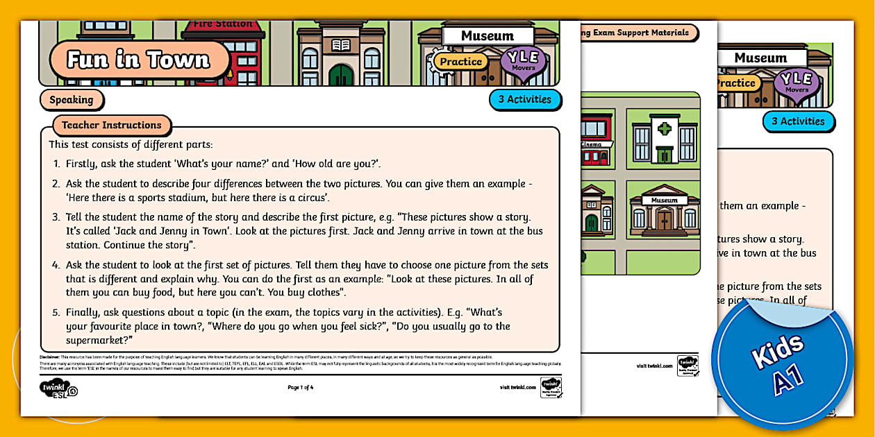 YLE Movers - Speaking - Practice Sheet (Fun in Town) [A1]