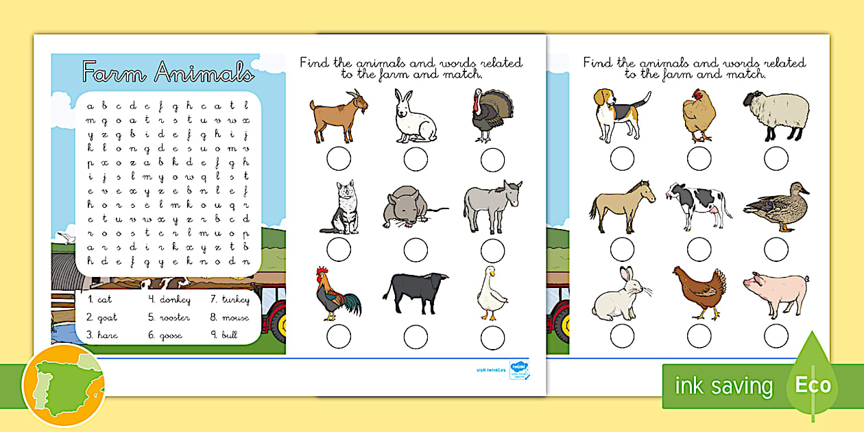 A2 Sopa de letras: Los animales de la granja en inglés
