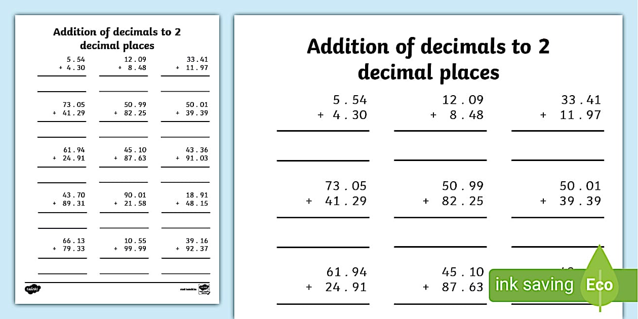 Adding Whole Numbers and Decimals Worksheet - To Two Places
