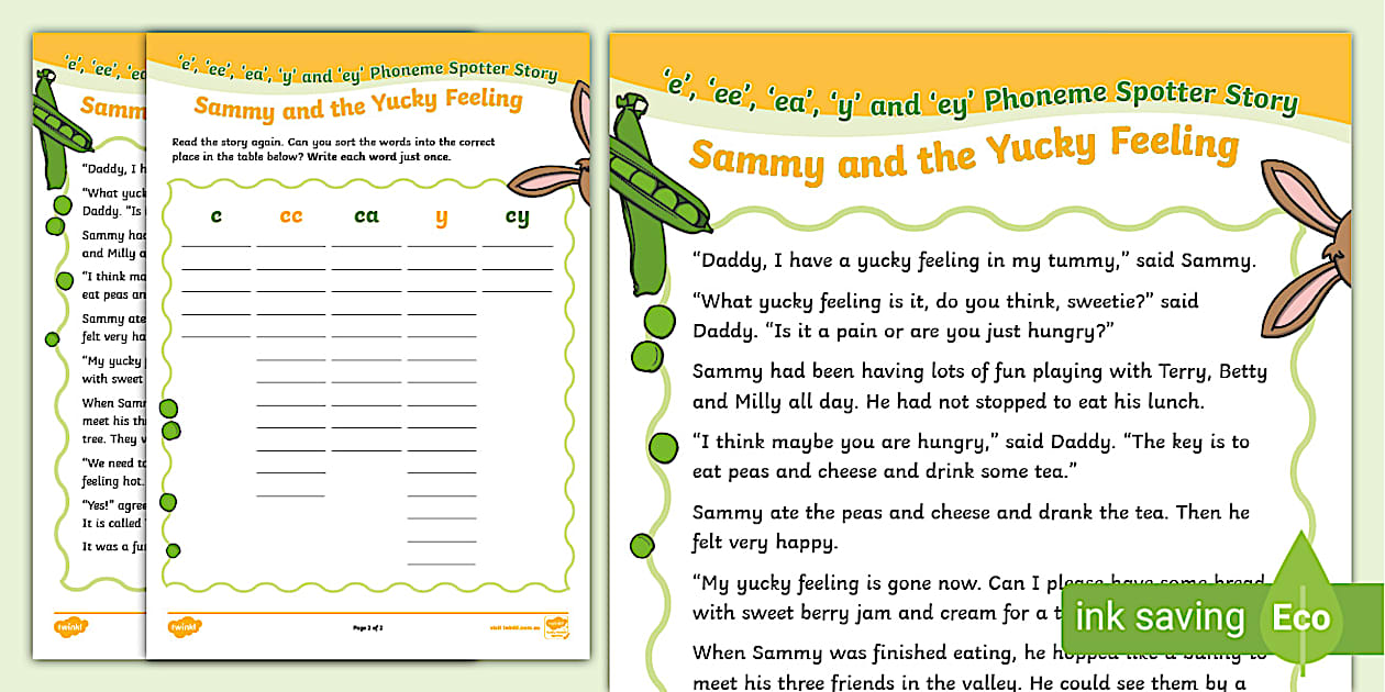 'e', 'ee', 'ea', 'y' and 'ey' Phoneme Spotter Story - Twinkl