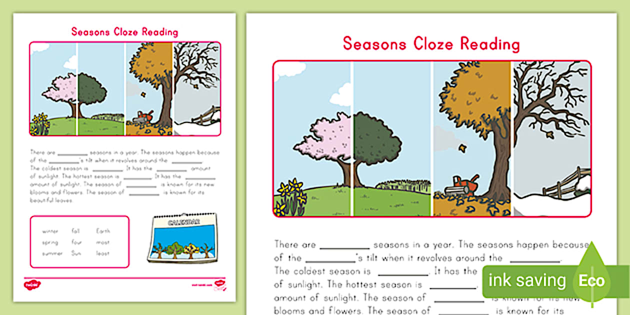 Seasons Cloze Reading Worksheet - Themed Cloze for Kids K-2