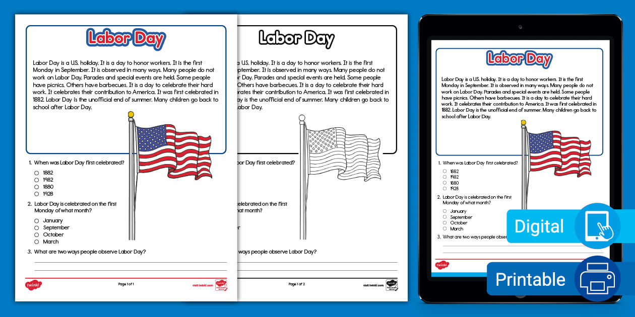 Labor Day Reading Passage Comprehension Worksheet - Twinkl