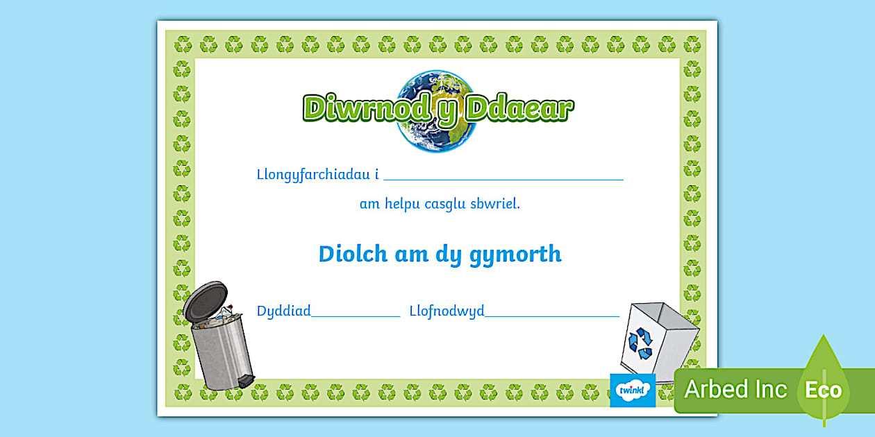 Tystysgrif Llwyddiant Codi Sbwriel (teacher made) - Twinkl