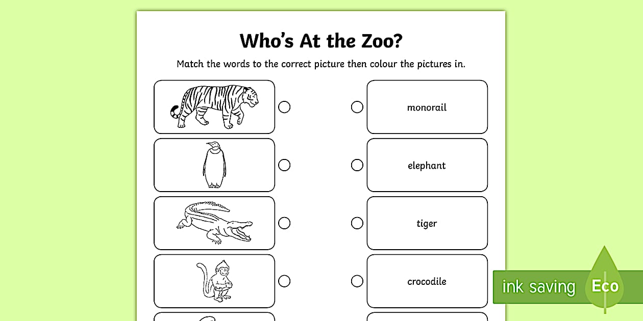 Who's At the Zoo? Word and Picture Matching Worksheet