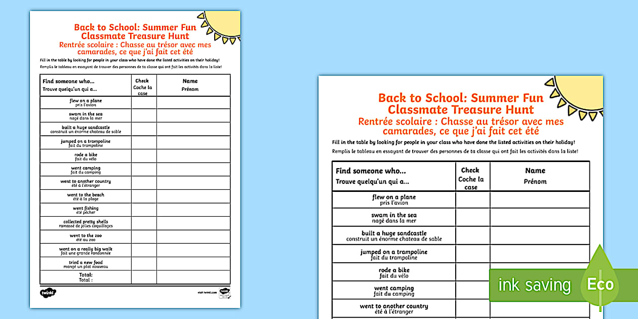 Back to School: Summer Fun Classmate Scavenger Hunt Activity - English ...