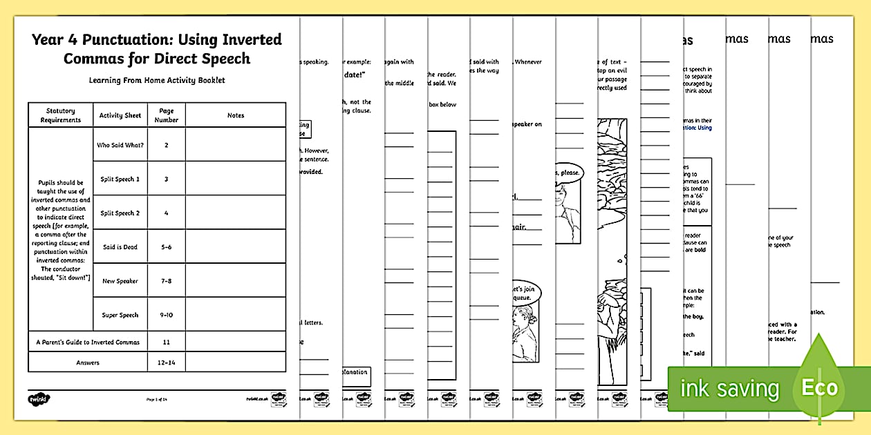 Editable Year 4 Punctuation: Using Inverted Commas for Direct Speech