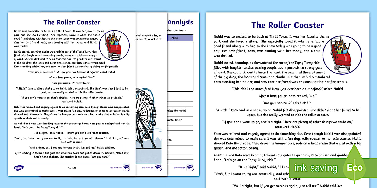 The Roller Coaster Character Analysis Reading Worksheet for 3rd-5th Grade