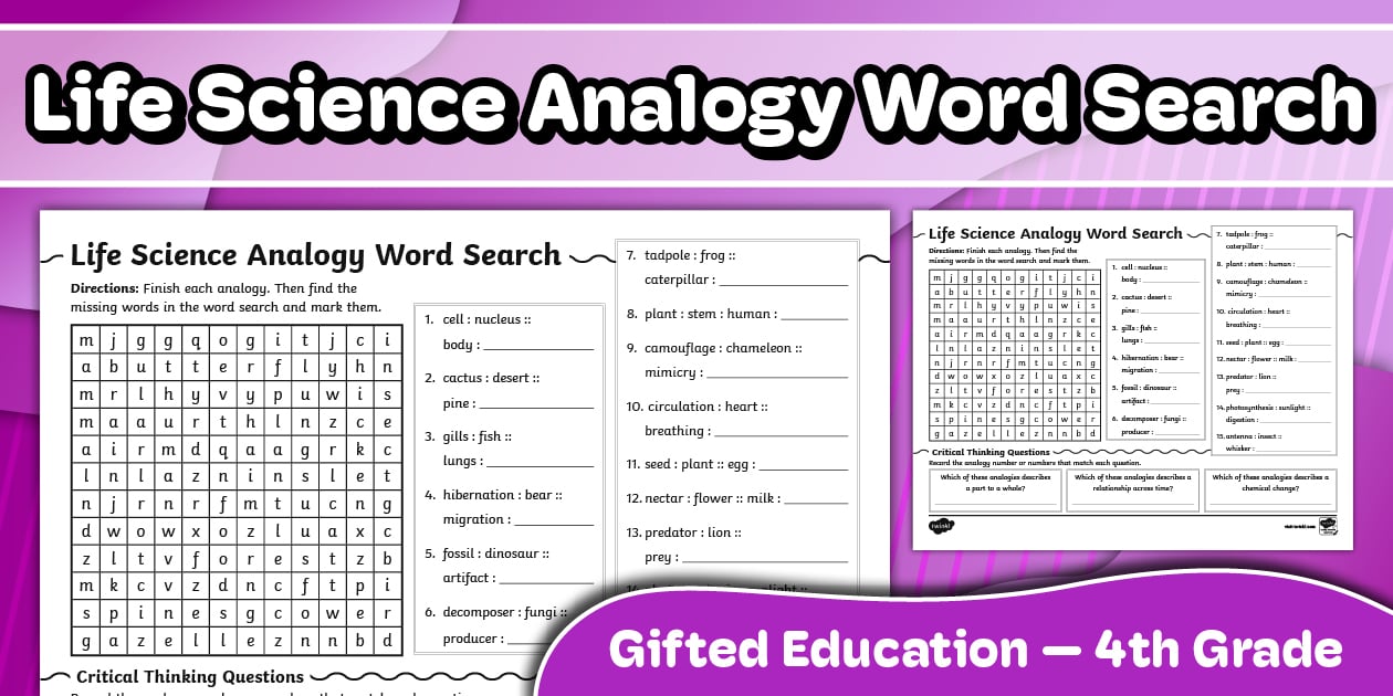 Life Science Analogy Word Search for Gifted Education | 4th Grade