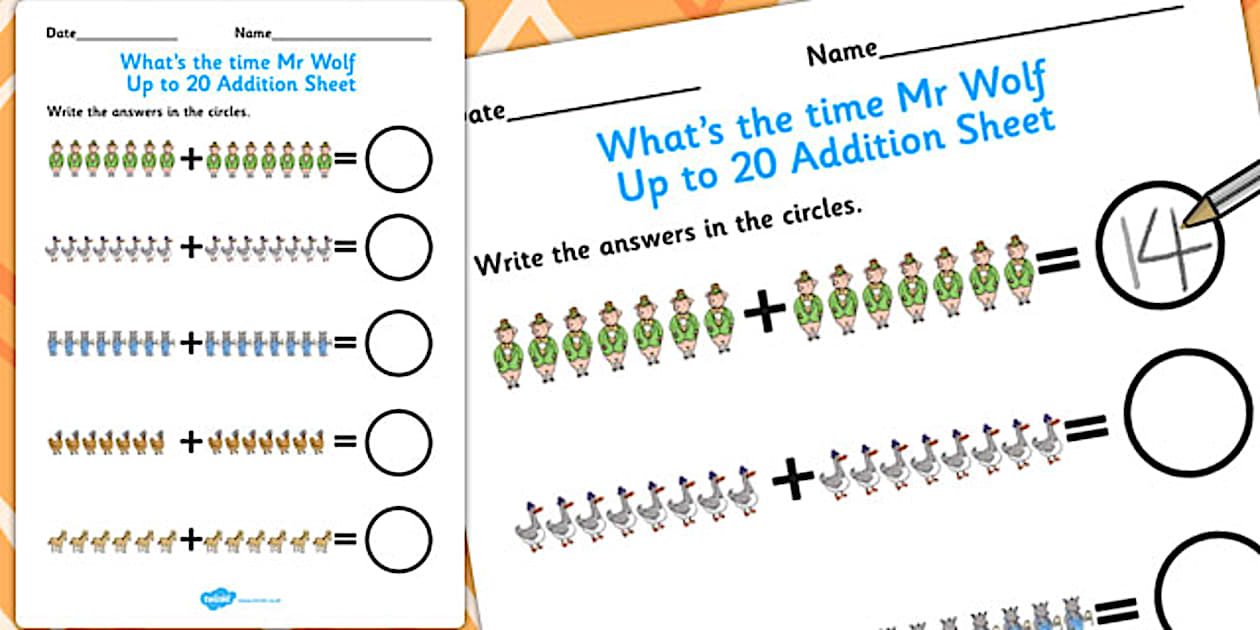 Up to 20 Addition Sheet to Support Teaching on What's The Time, Mr Wolf?