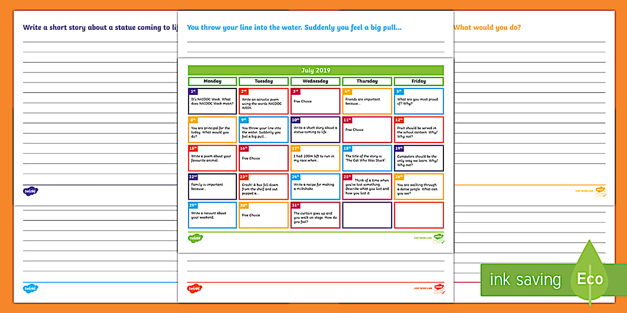 Editable July Writing Prompts Display Calendar - Twinkl