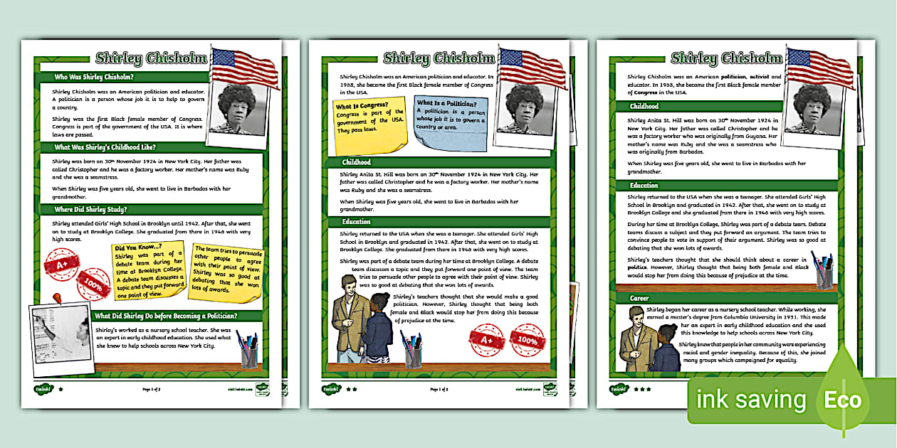 LKS2 Shirley Chisholm Differentiated Reading Comprehension Activity