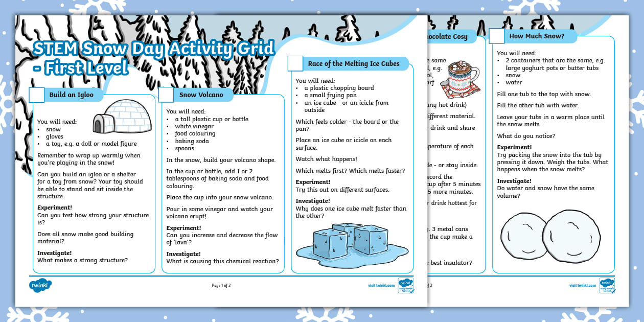 STEM Snow Day Activity Grid - First Level (teacher made)