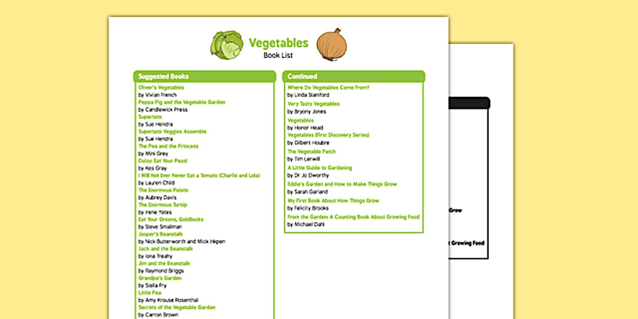 Black and White Vegetable Themed Book List (teacher made)