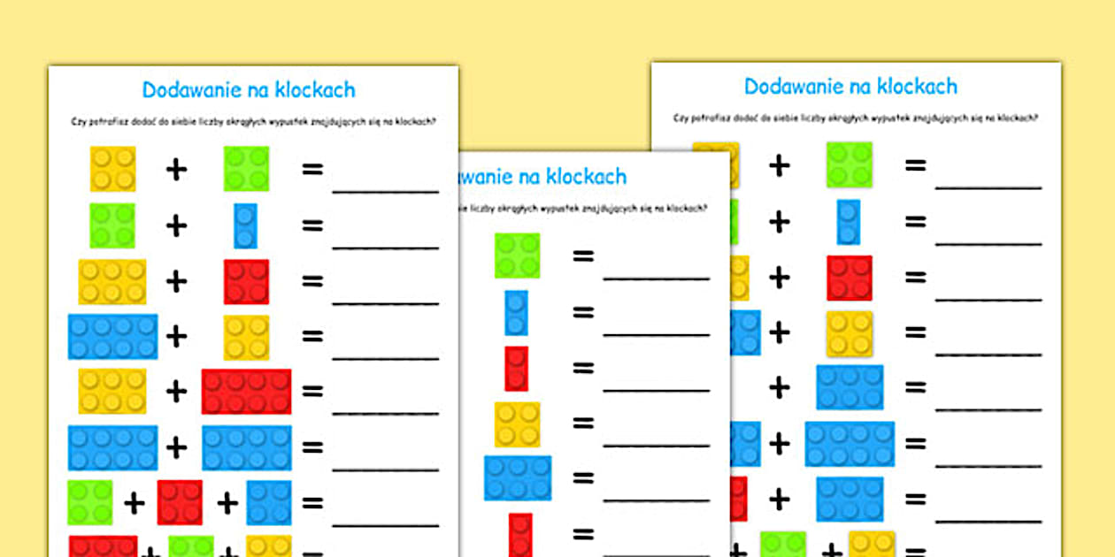Black and White Building Brick Addition Worksheet Polish