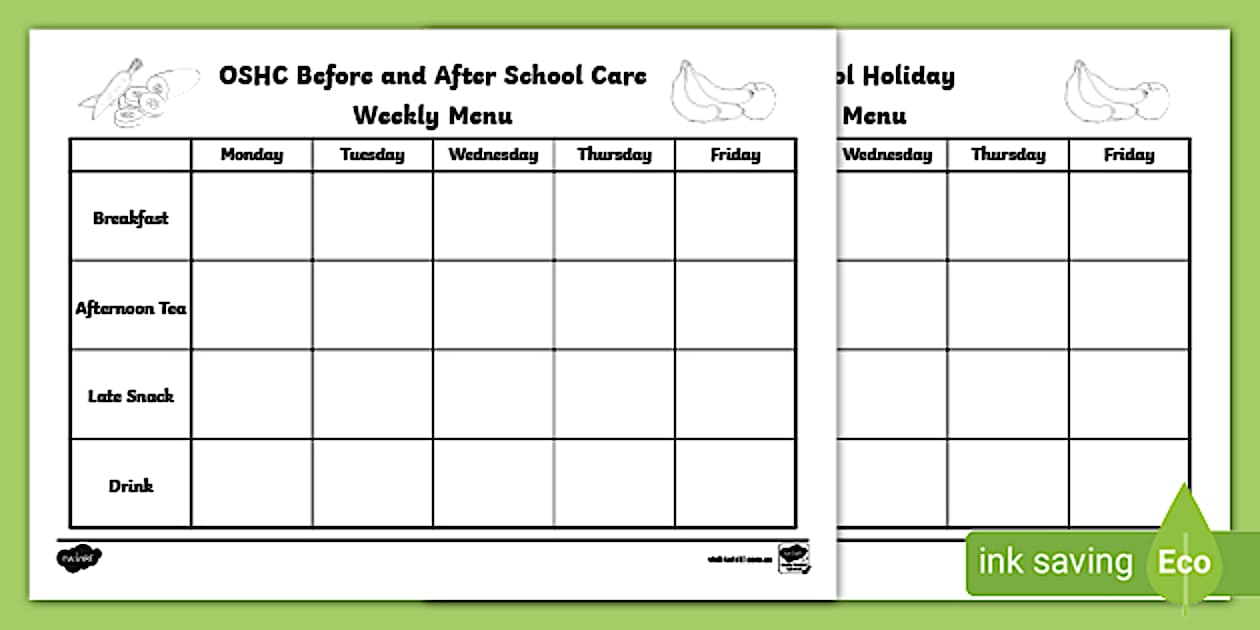 OSHC Editable Weekly Menu Template (teacher made) - Twinkl