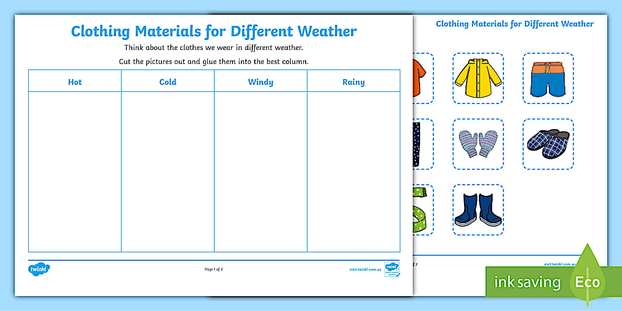 Clothing Materials for Different Weather Sorting Worksheet