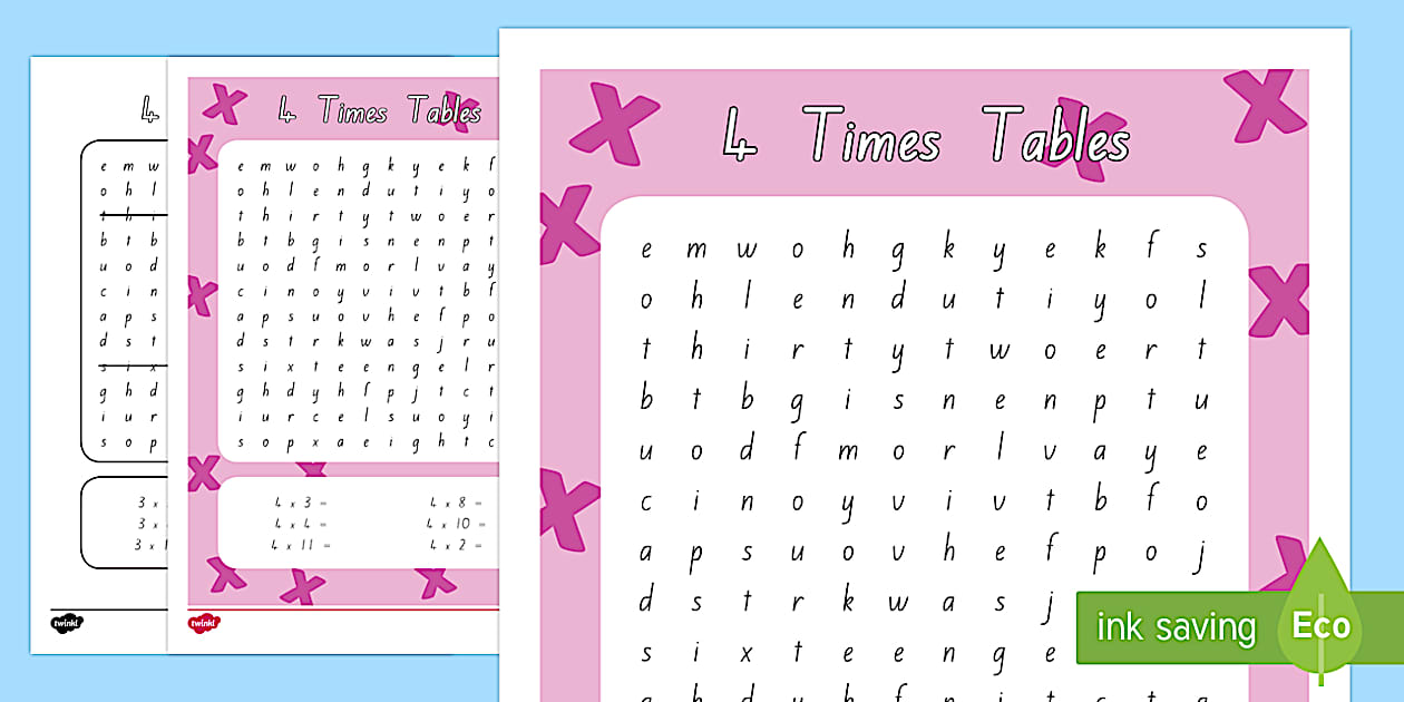 Multiplication 4 Times Tables Word Search Worksheet / Worksheet
