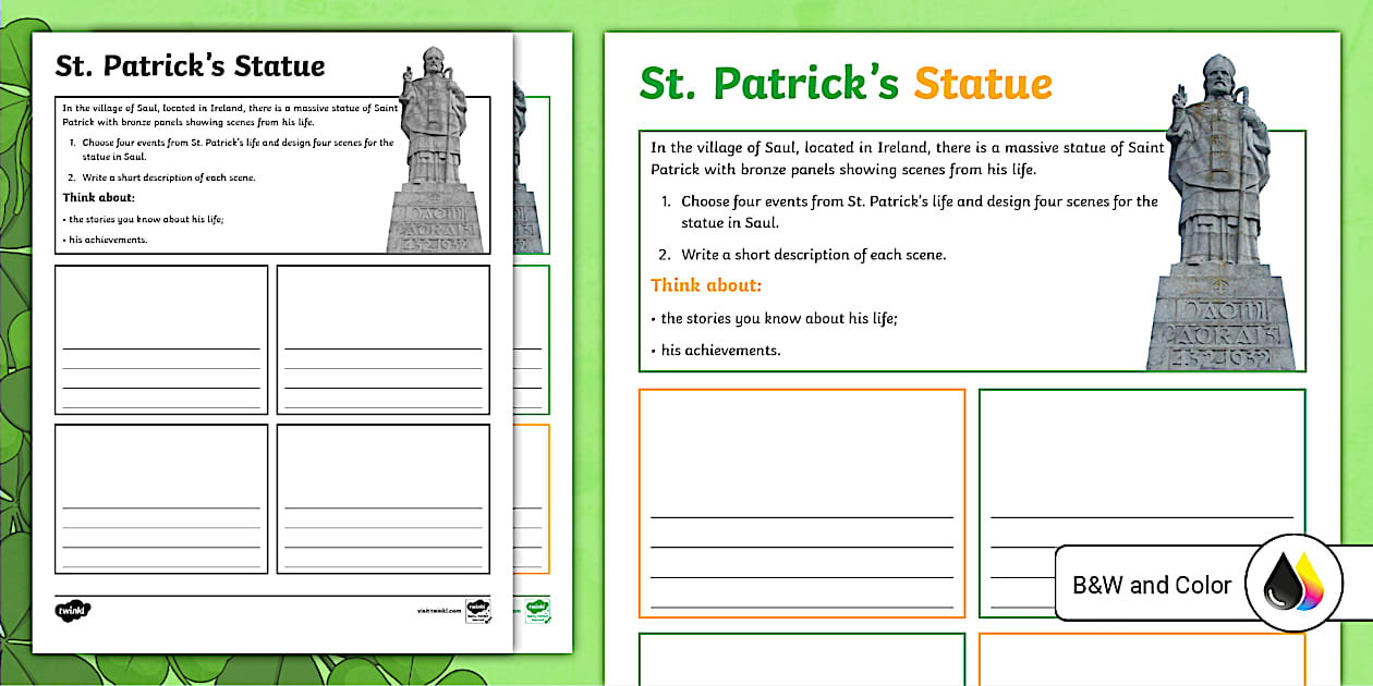 St. Patrick's Statue Worksheet | Write & Draw | Twinkl