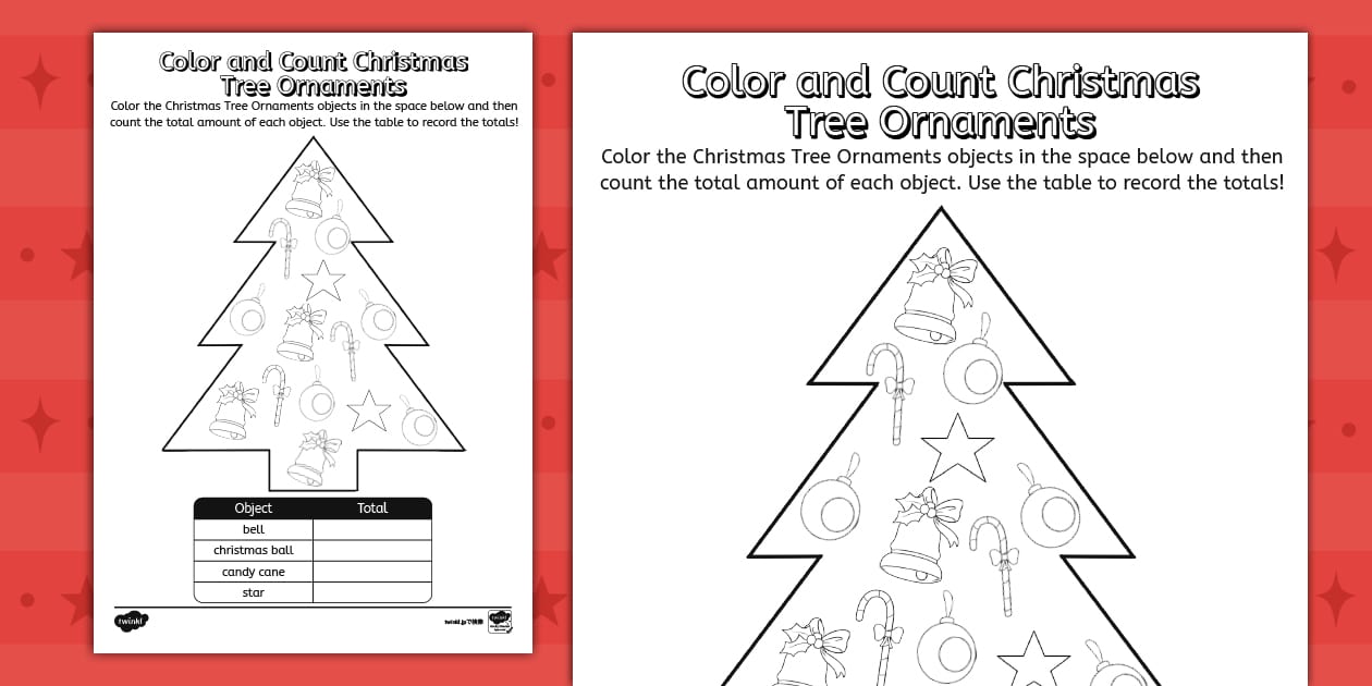 Color and Count Christmas Tree Ornaments Worksheet - Twinkl