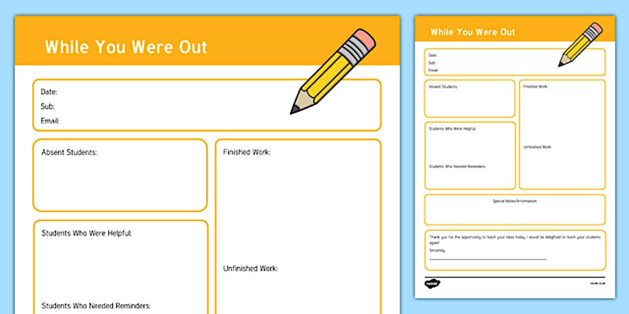 Substitute Teacher: While You Were Out Editable Notes