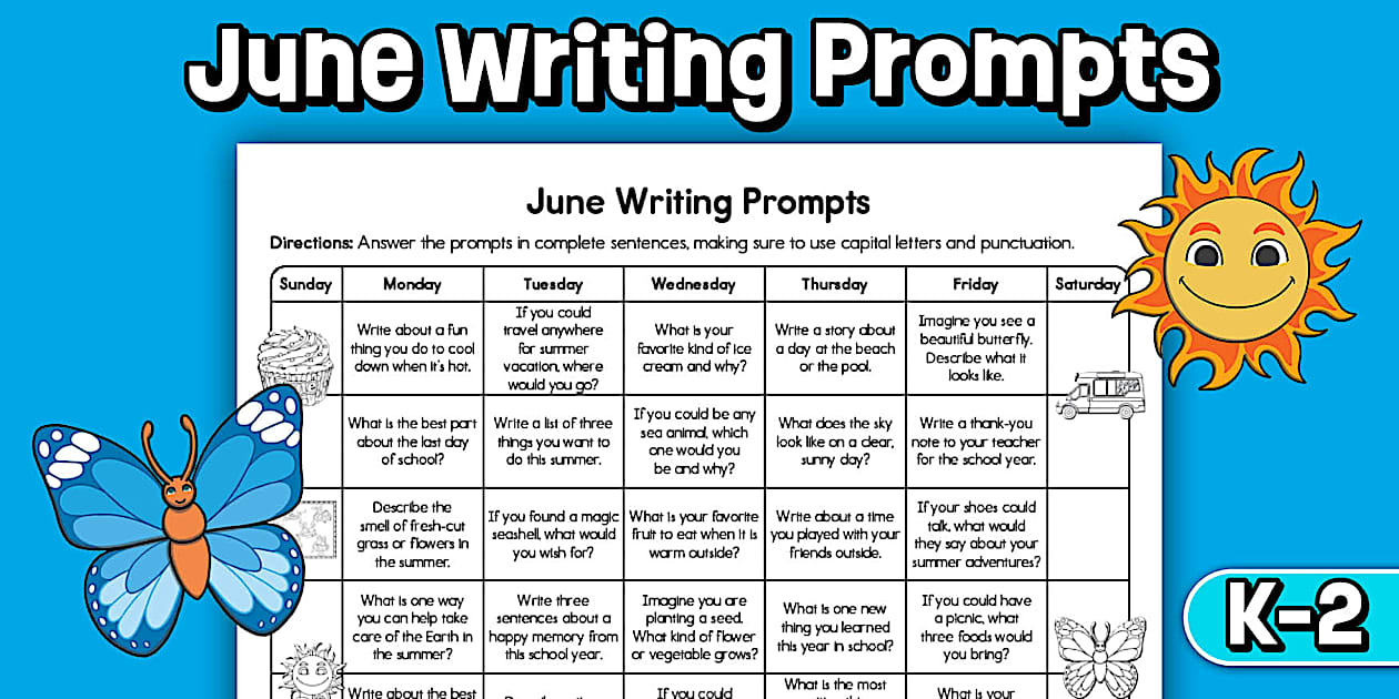 June Writing Prompt Calendar for K-2nd Grade
