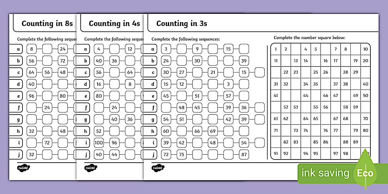 👉 Counting in 3s, 4s and 8s Worksheet Pack (teacher made)