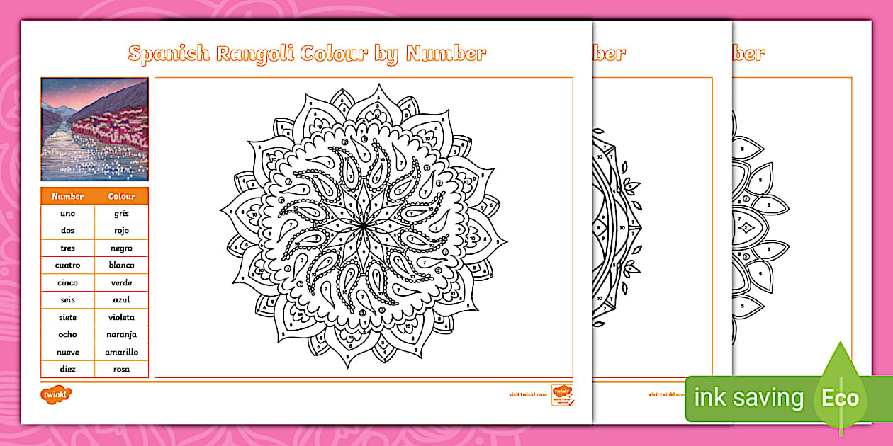 👉 Spanish: Diwali Rangoli Pattern Colour by Number