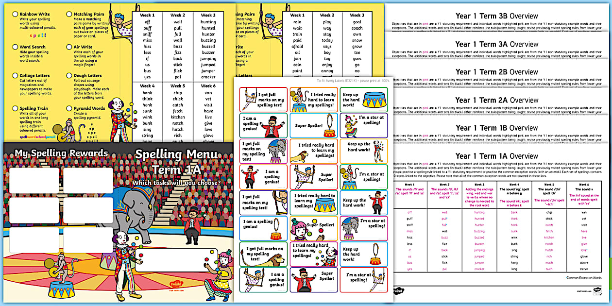 Editable Year 1 Circus Themed Spelling Menu Pack - Twinkl