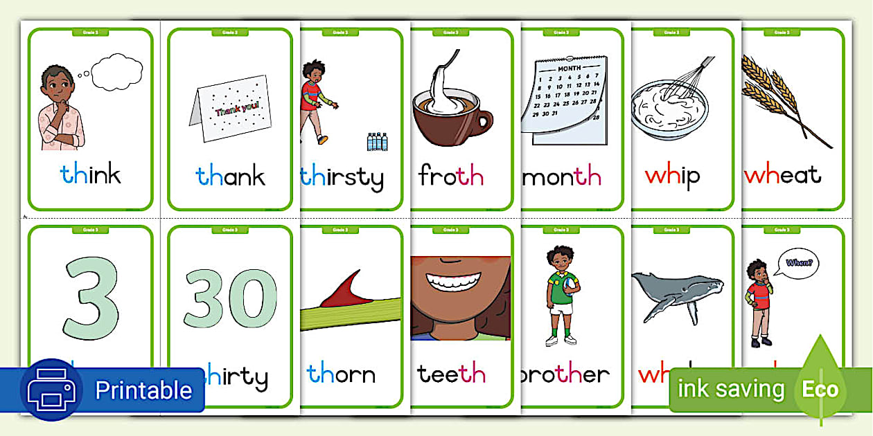 Grade 3 Phonics th-, -th and wh Flashcards (teacher made)