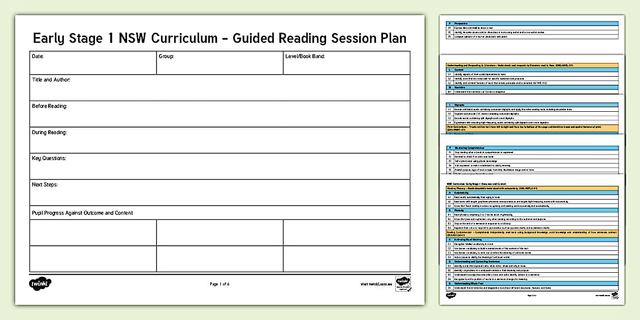 Early Stage 1 NSW Curriculum Guided Reading Planning Template