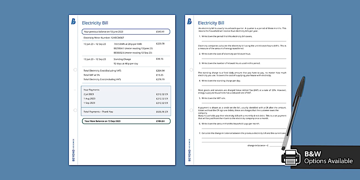 Electricity Bill Worksheet | Science | Beyond Secondary