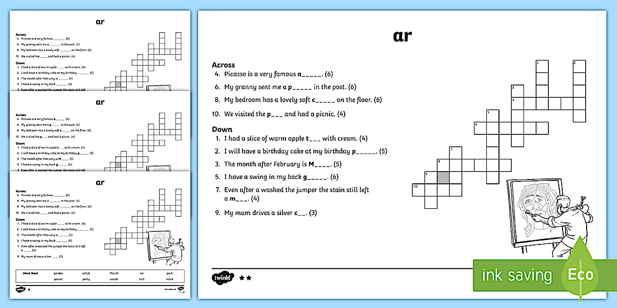 'ar' Digraph Differentiated Crossword (teacher made)