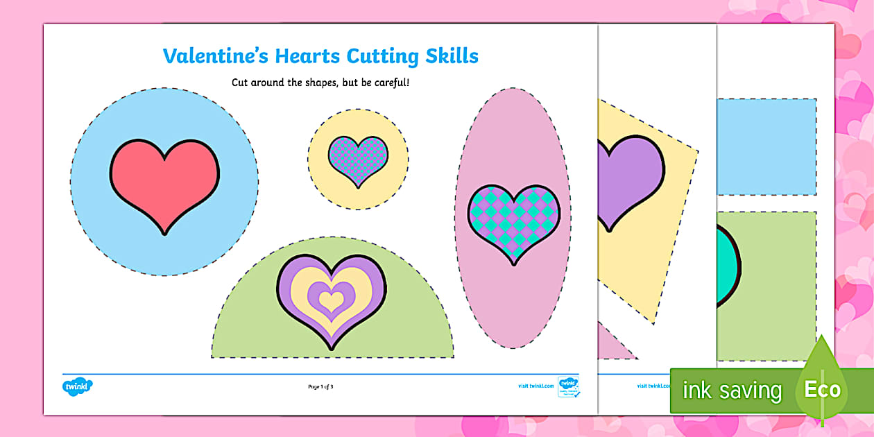 Black and White Valentine Hearts Cutting Skills Worksheet