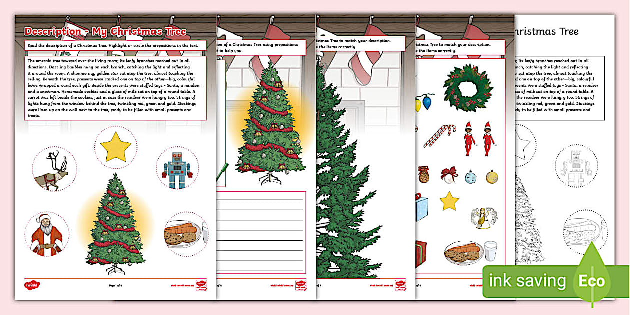 Prepositions Christmas Tree Description Activity - Twinkl