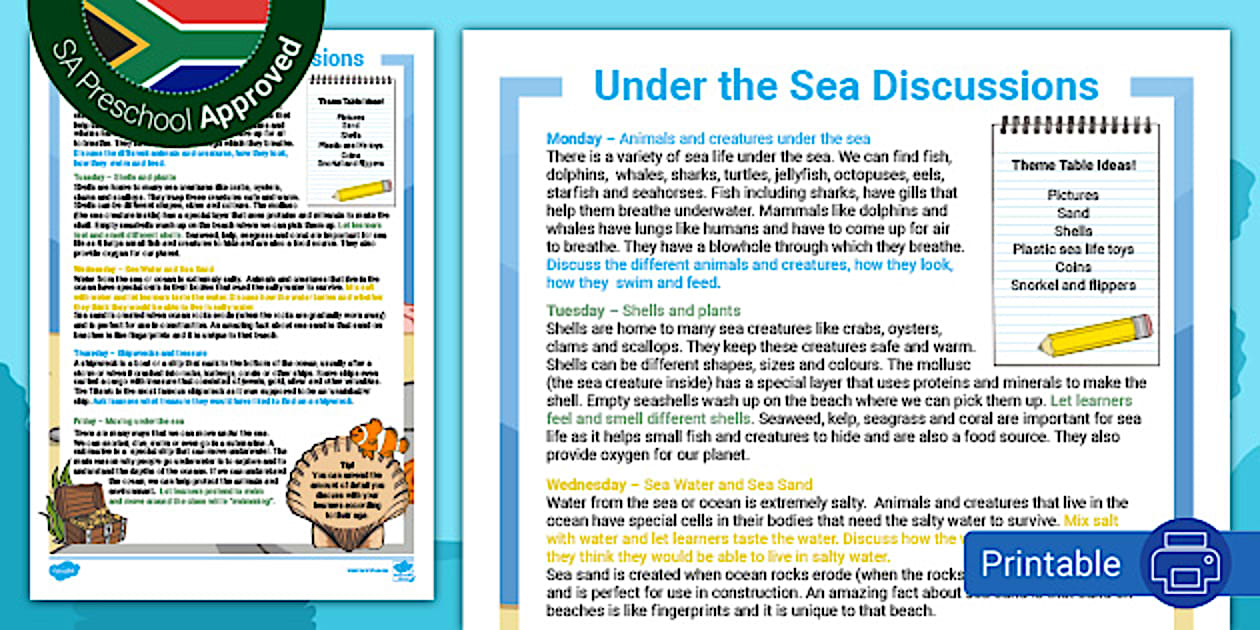 Under the Sea Lesson Plan - Morning Ring Discussion Sheet