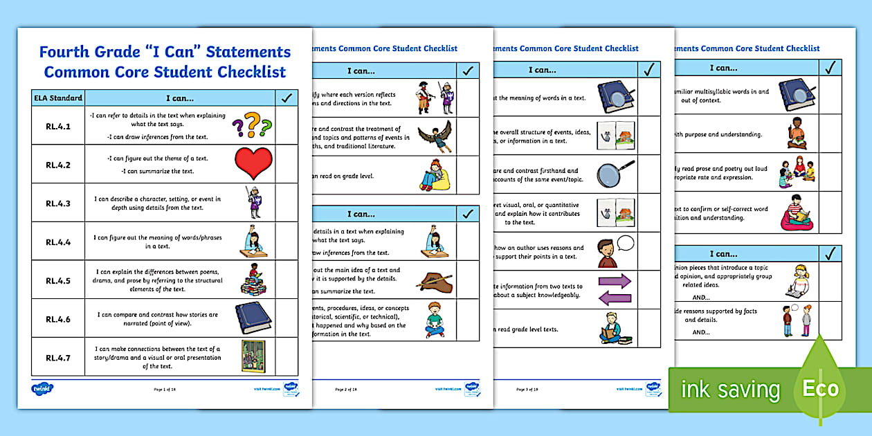 Fourth Grade I Can Statements: Common Core Student Checklist