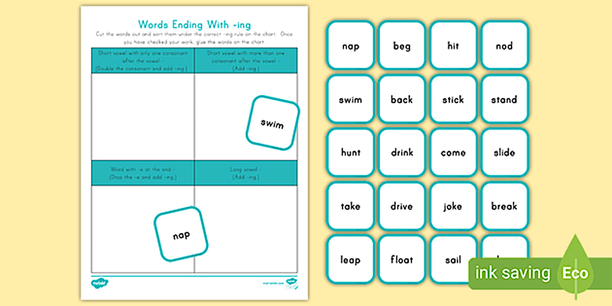 Editable Words Ending With -ing Cut and Paste Worksheet