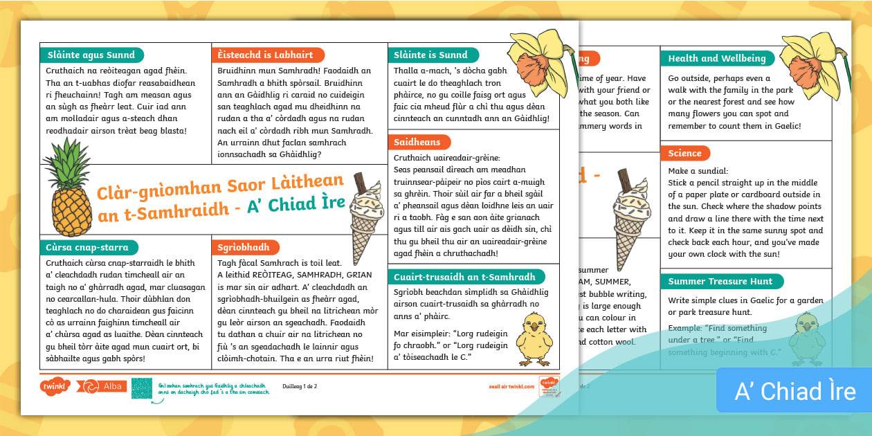 Clàr-gnìomhan - Saor Làithean an t-Samhraidh - A' Chiad Ìre