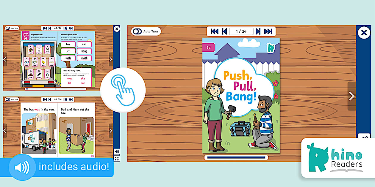 Decodable 3a Book | Push, Pull, Bang! | Rhino Readers