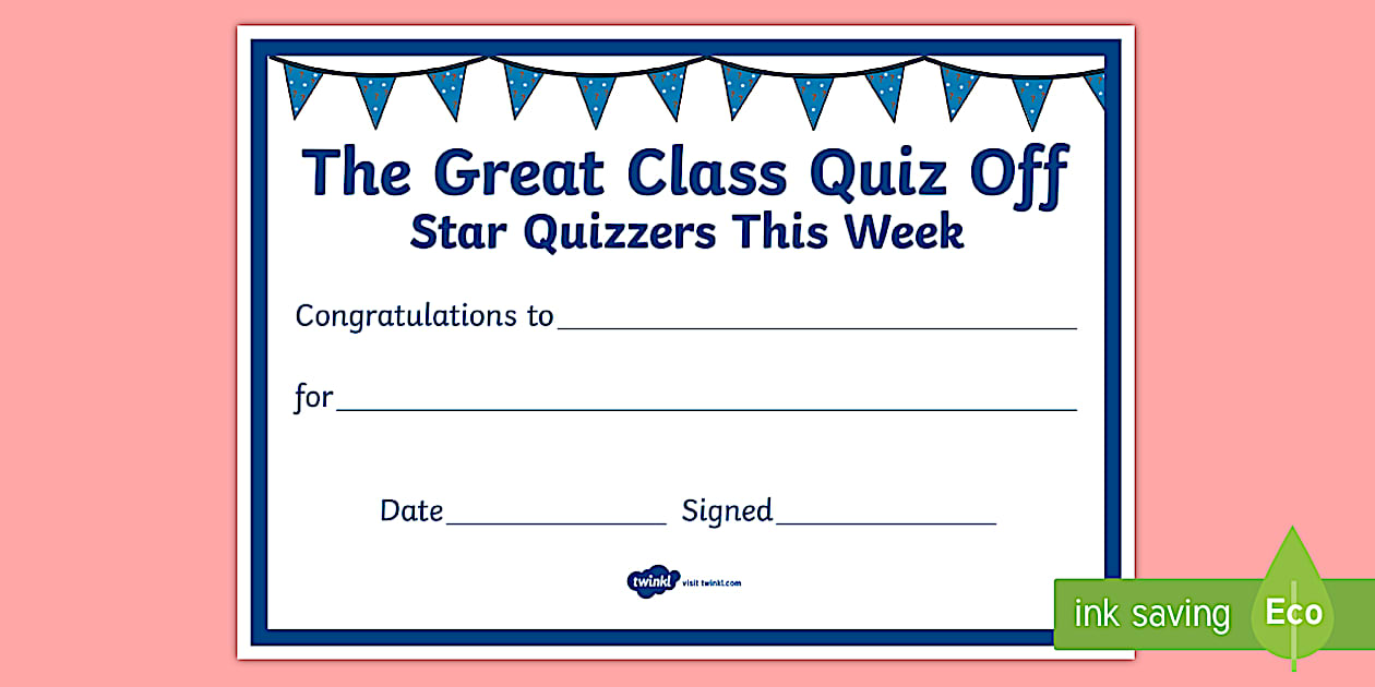 Editable The Great Class Quiz Off Certificate (teacher made)