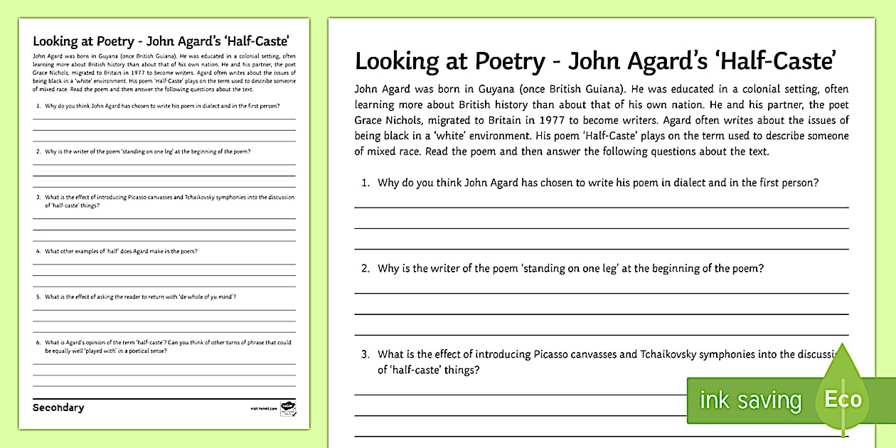 GCSE Questions about 'Half-Caste' by John Agard Worksheet / Worksheet