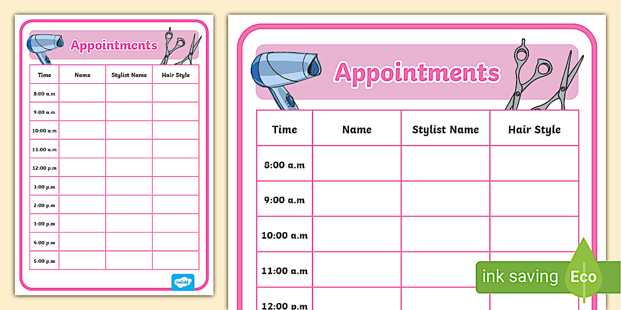 Editable Hairdressers / Salon Role Play Appointment Sheet