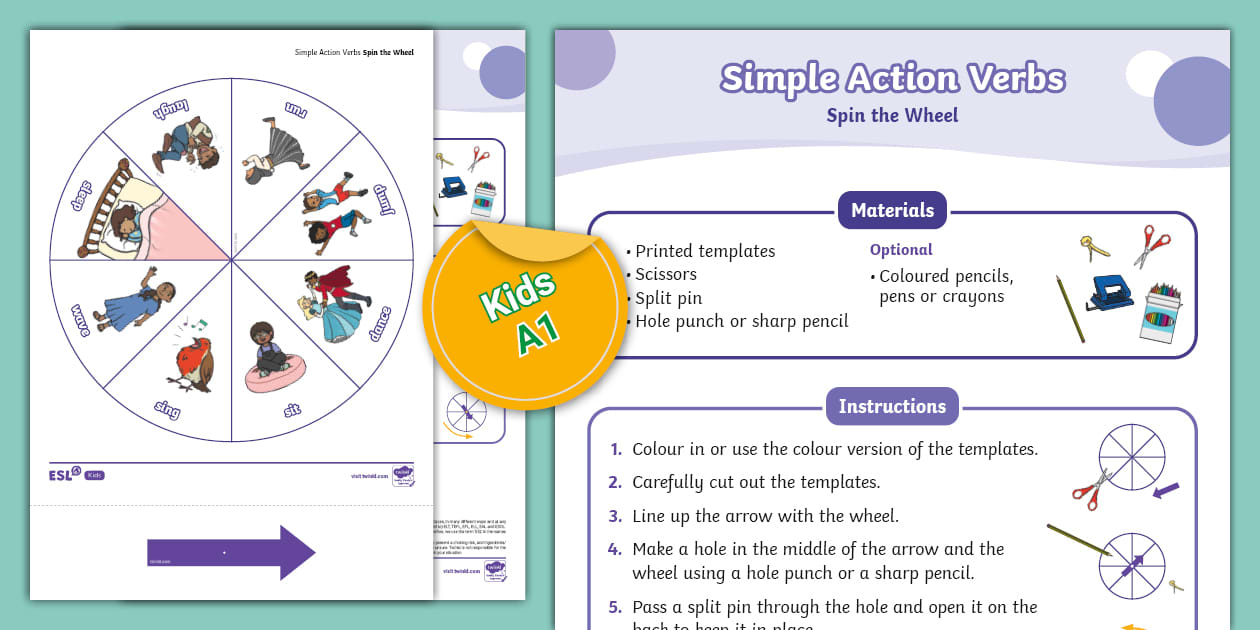 ESL Simple Action Verbs Spin the Wheel [Kids, A1] - Twinkl