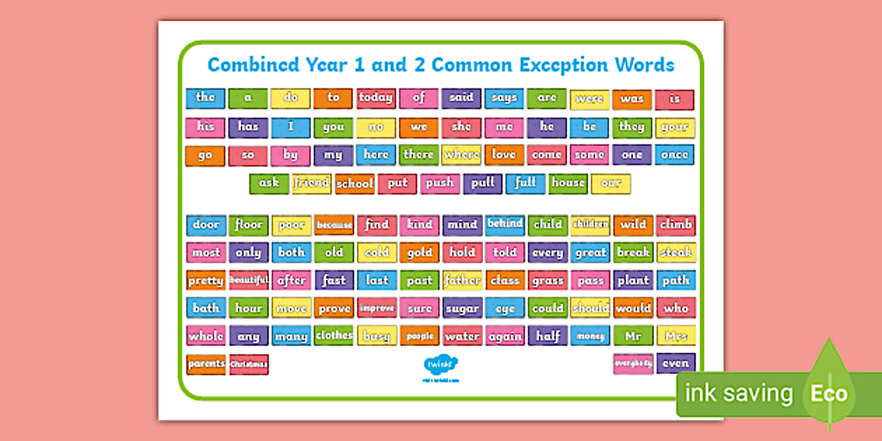 Cursive Combined Year 1 and 2 Common Exception Words on Multicoloured ...