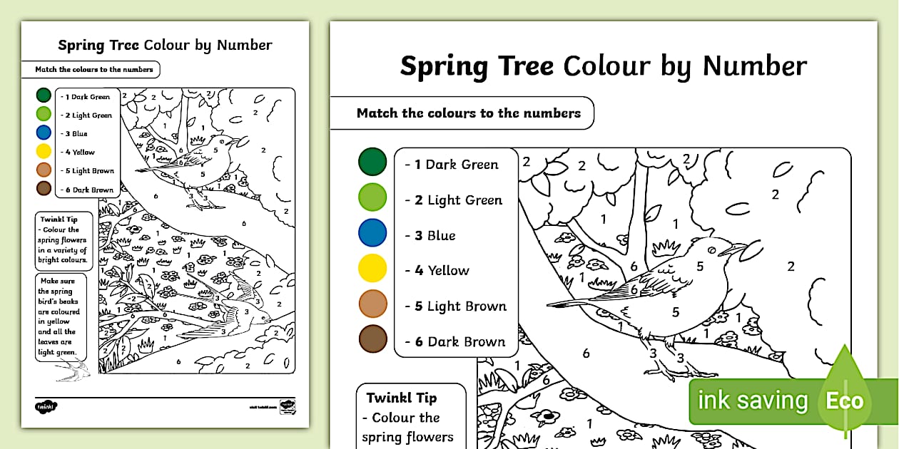 Spring Tree Colour-by-Number Page | Twinkl Colouring | KS1
